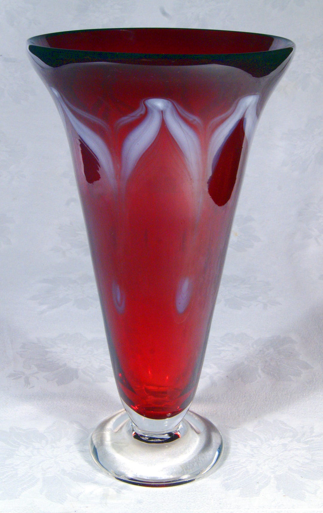 Awesome Ruby Trumpet Vase With White Feathered Rings - Etsy
