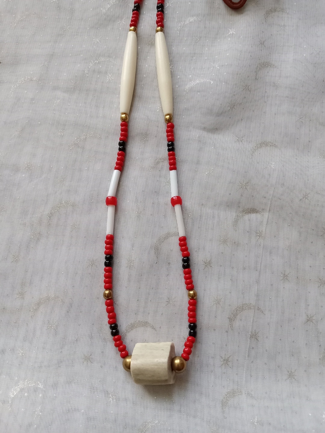 Native American Necklace/ Bones and Glass Beads Necklace/ Deer Horn ...