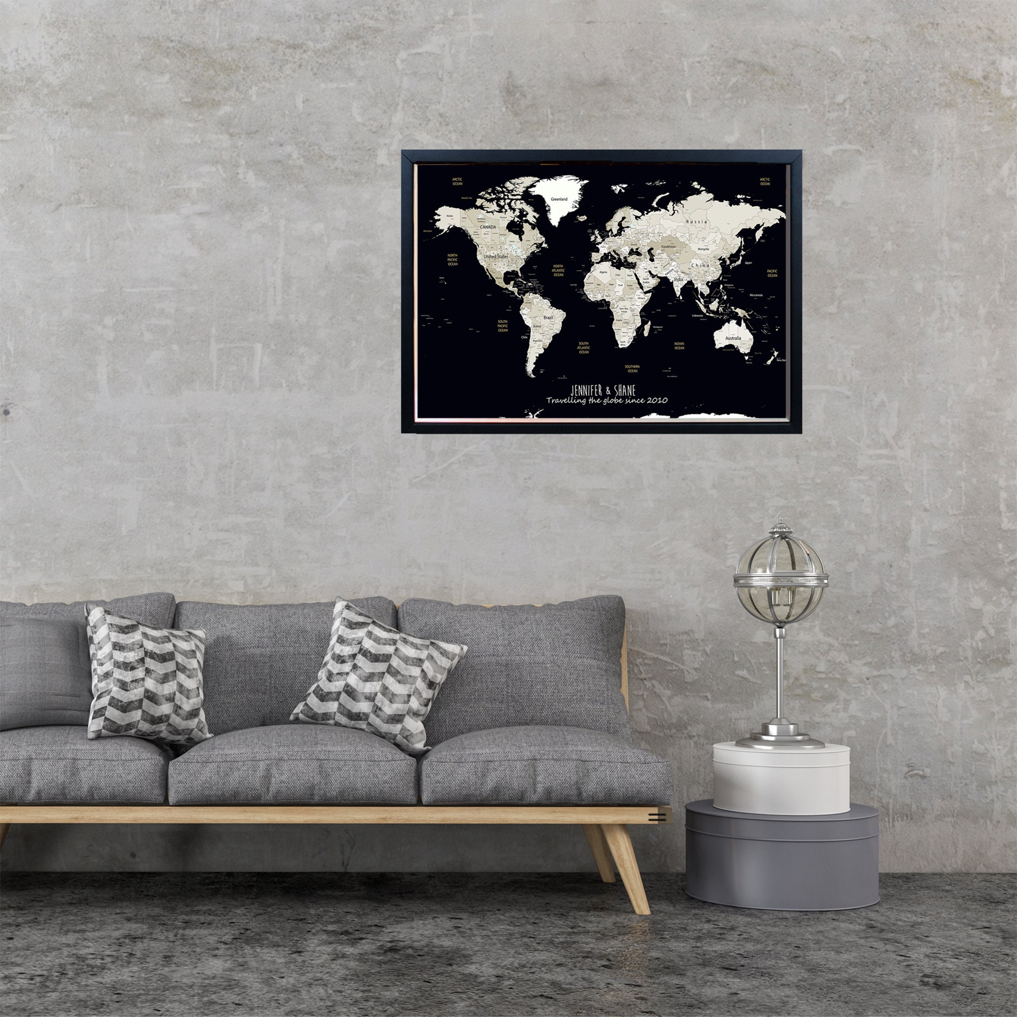 A1 Personalised World Map Framed Pin Board in Black and White / off ...