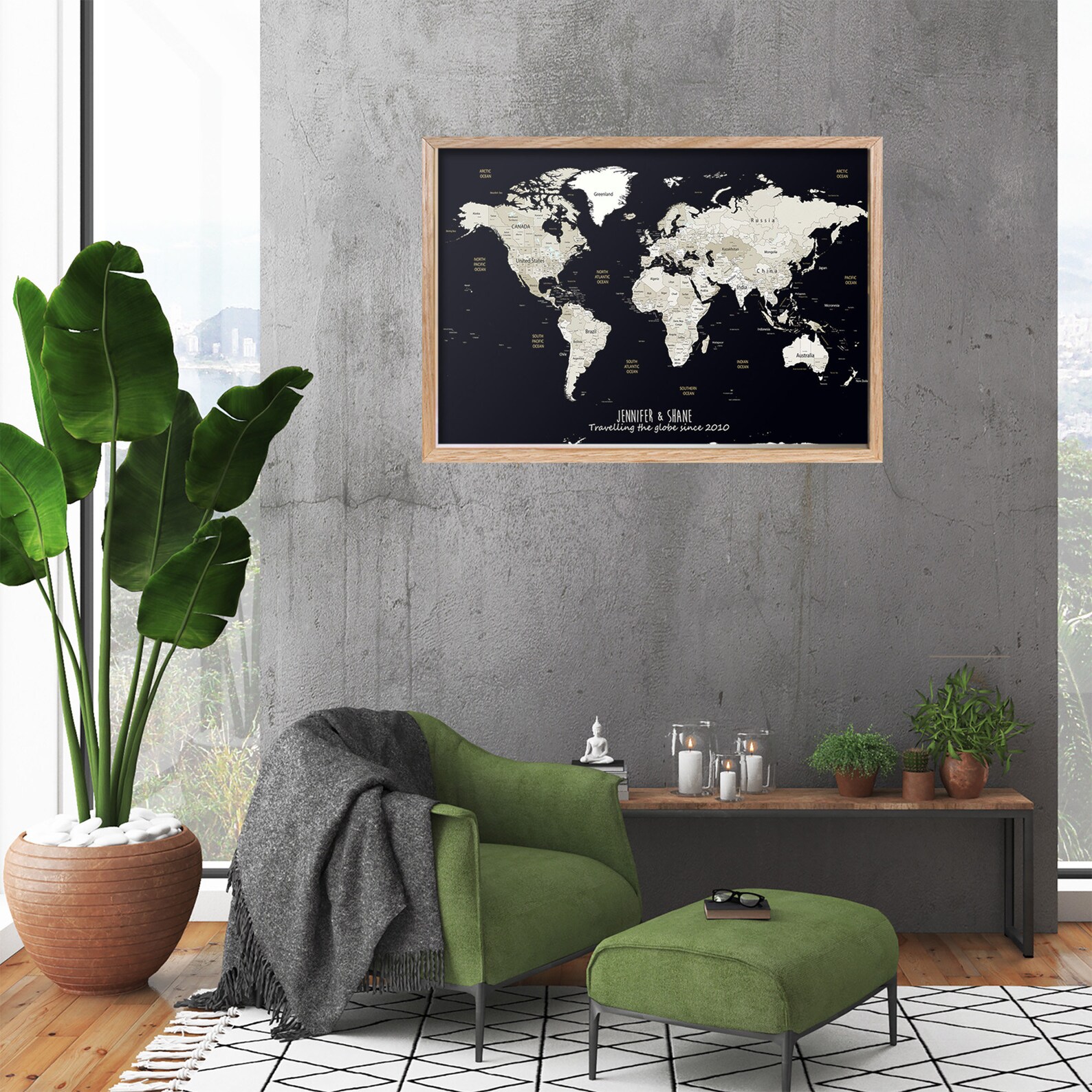 A1 Personalised World Map Framed Pin Board in Black and White / off ...