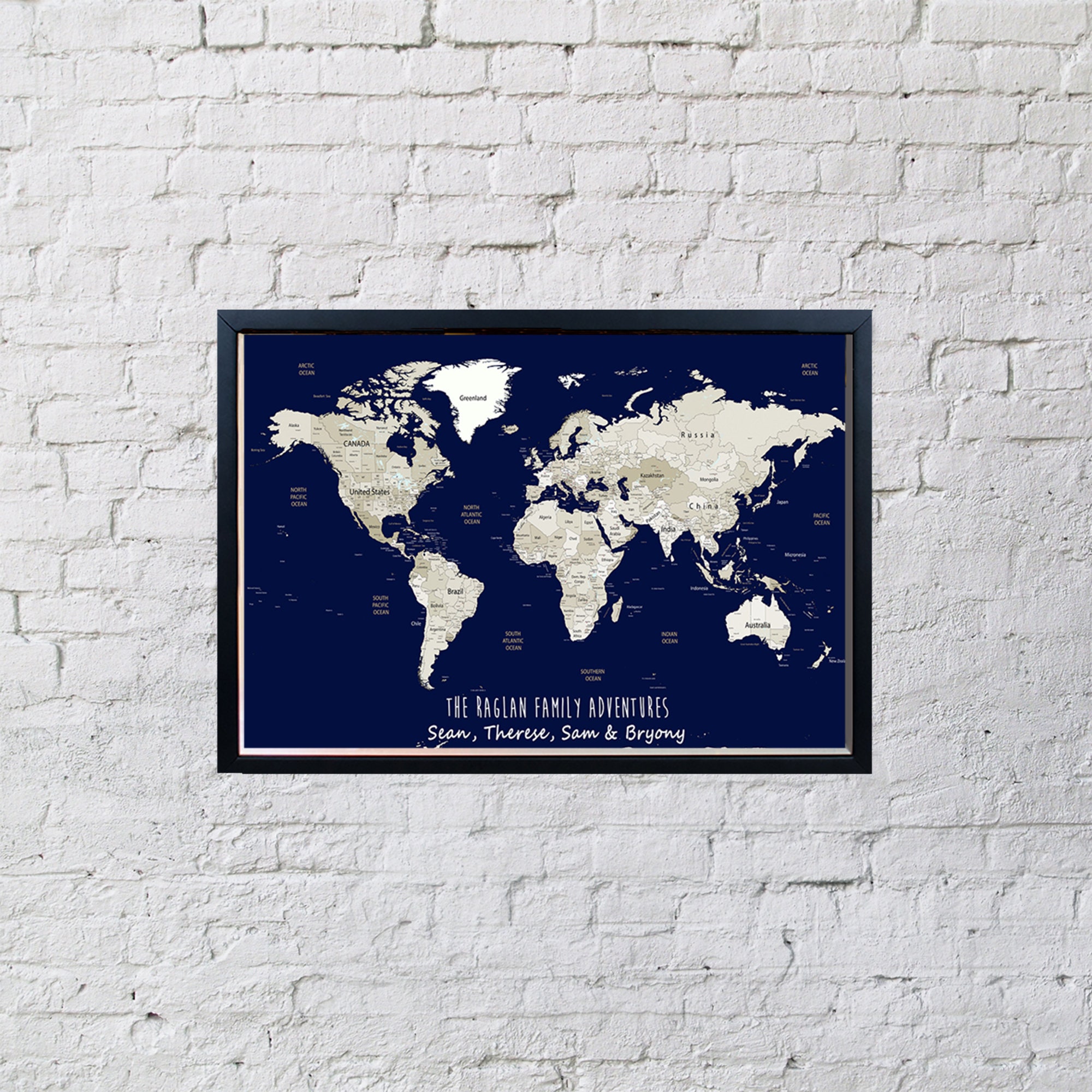 A2 Personalised World Map Framed Pin Board in Navy and off White - Etsy