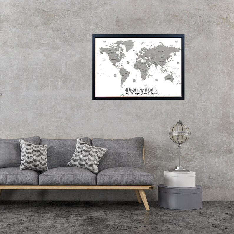 Large Personalised World Map Framed Pin Board in White and Grey 100cm X ...