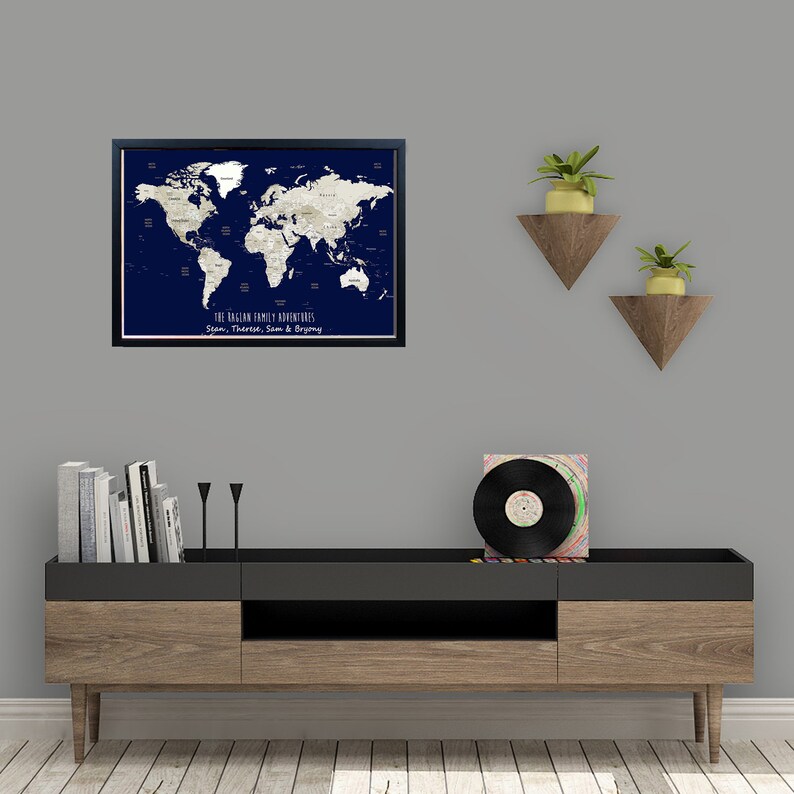 Large Personalised World Map Framed Pin Board in Blue and - Etsy UK