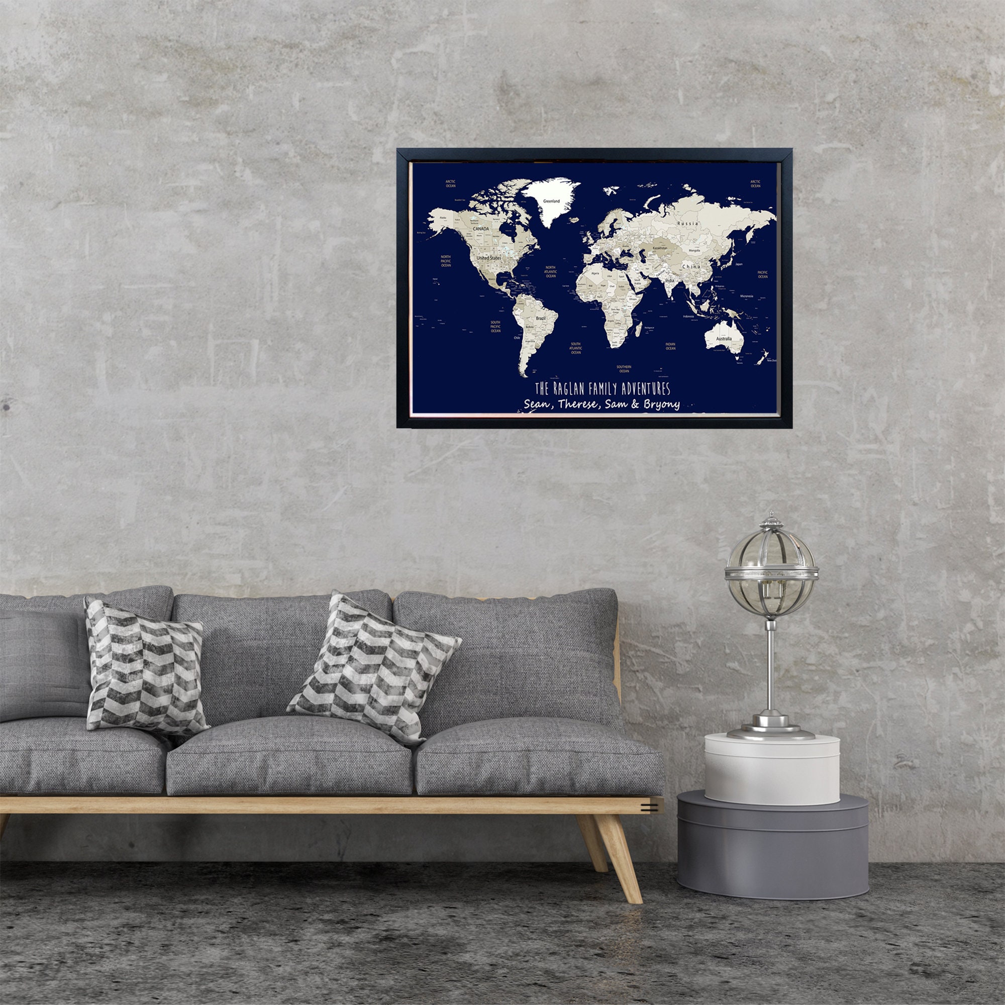 A2 Personalised World Map Framed Pin Board in Navy and off White - Etsy