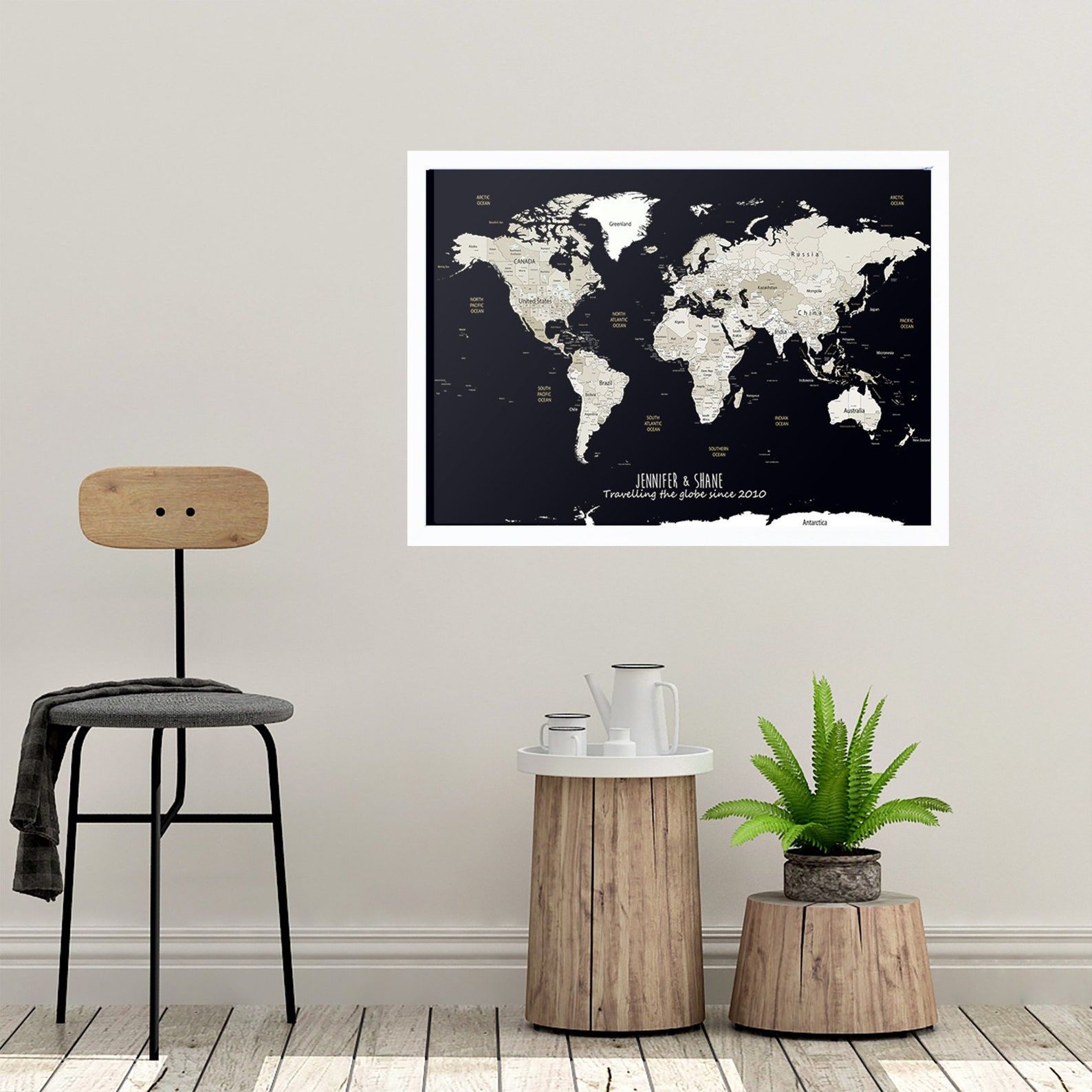 A1 Personalised World Map Framed Pin Board in Black and White | Etsy