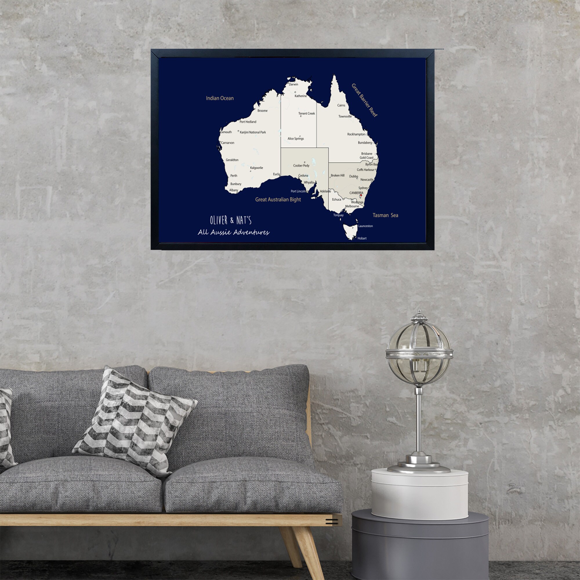 A2 Personalised Australian Map Framed Pin Board in Navy and off White ...