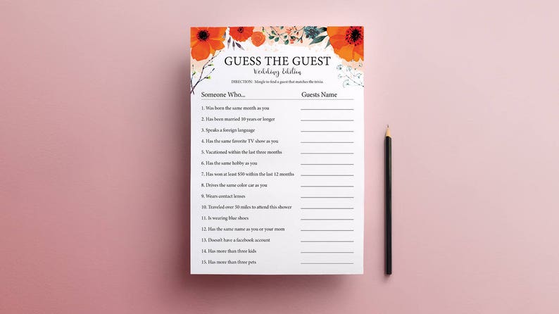 GUESS THE GUEST Fun Bridal Shower Game With Orange Flowers - Etsy