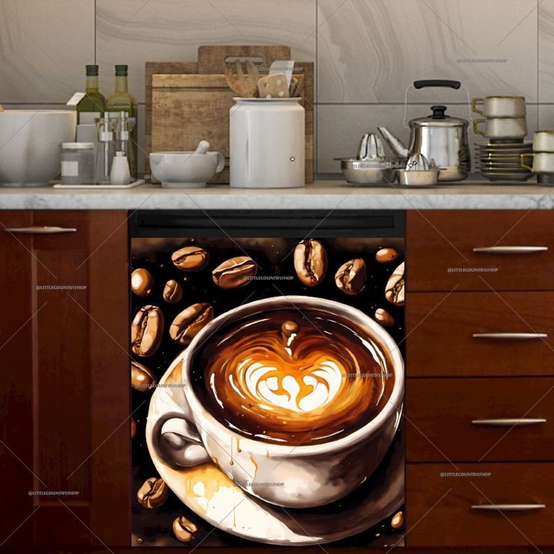 Kitchen Dishwasher Magnet Cover Coffee Cup and Coffee Beans Decorative ...