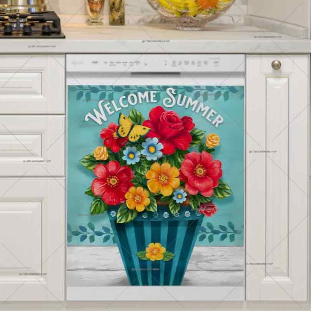 Floral Dishwasher Magnet Cover: Welcome Summer Kitchen Decor - U.S ...