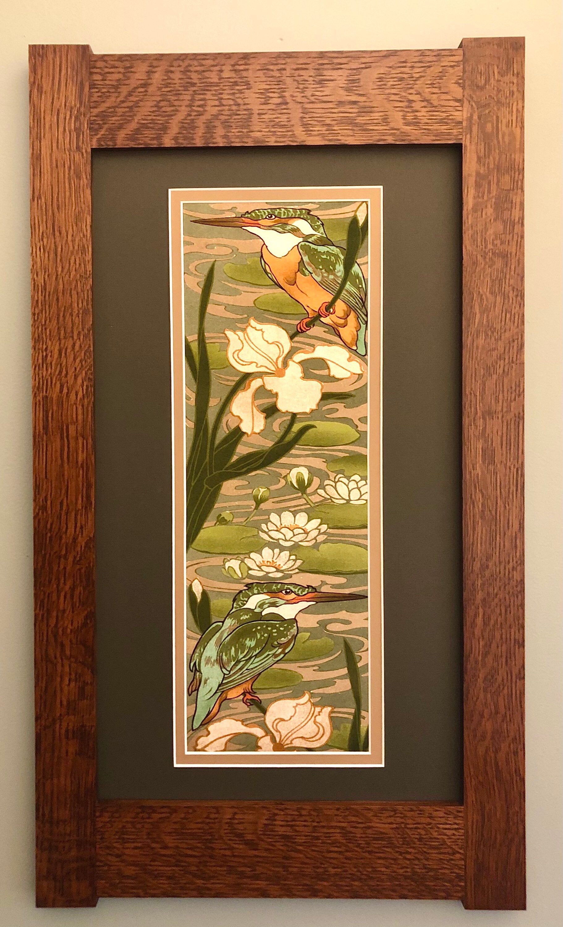 Kingfishers II Mission Style Art in Quartersawn Oak Frame