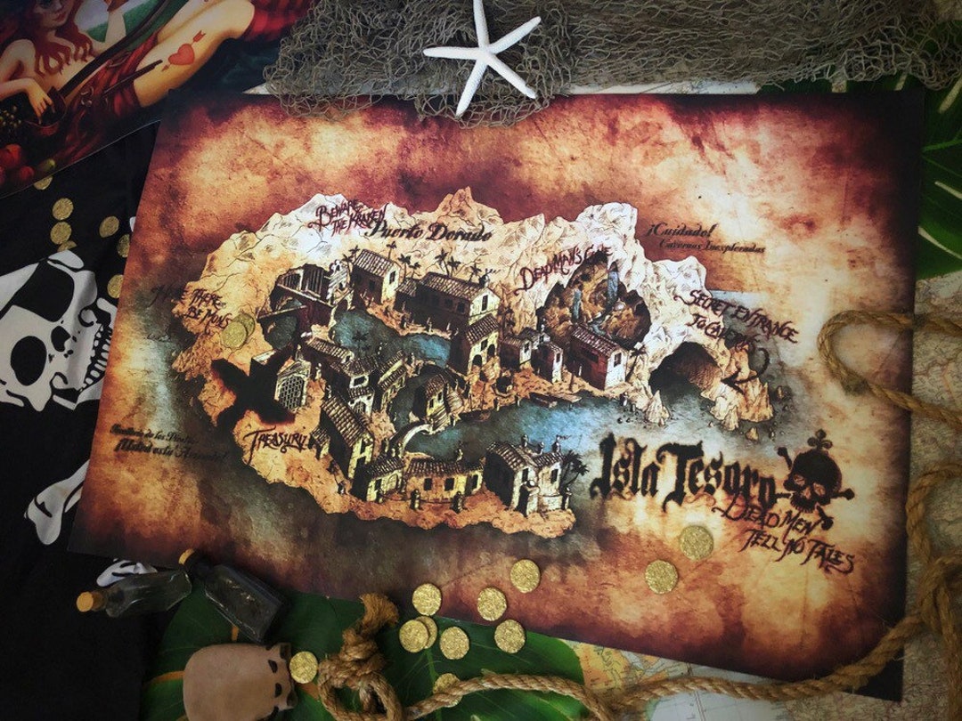 Pirates of the Caribbean Ride Treasure Map of the Island of Tesoro Aged ...