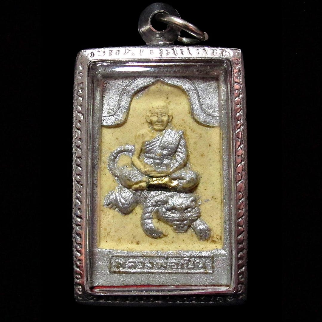 Phra LP Pern Sitting on Tiger With Embedded Takrut, Color Painted ...