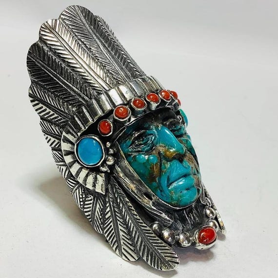 Rare American Hand-Carved Turquoise & Coral Chief Ste… - Gem