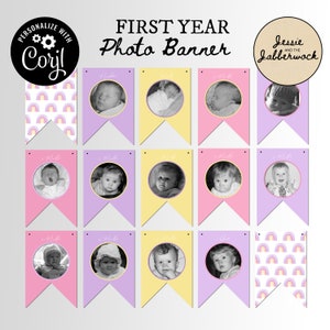 First Year Photo Flag Banner Template | Lilac Pink Rainbow Baby Party ...