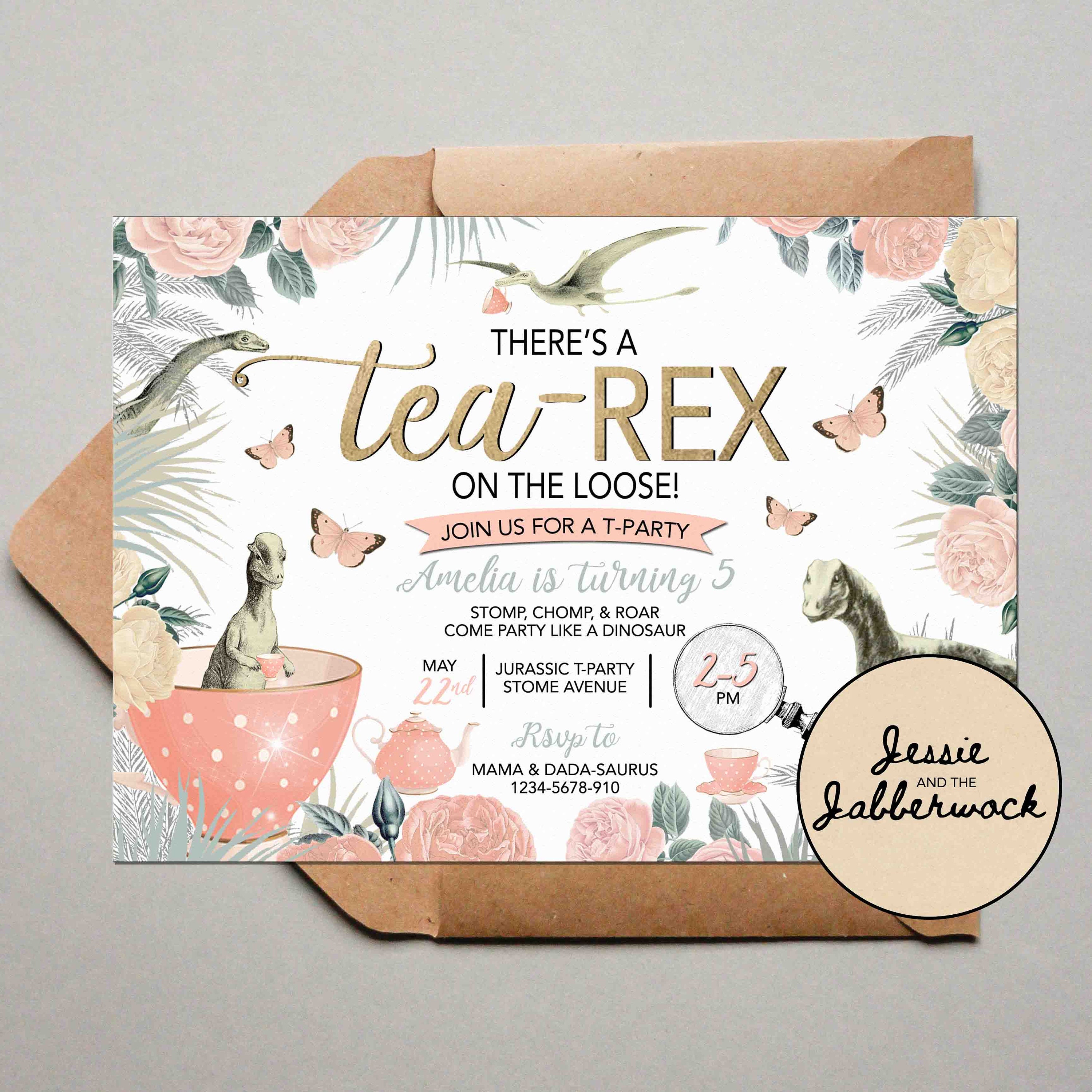 Tea-rex Tea Party Birthday Invite, Dinosaur Party Invitation | T-rex T ...