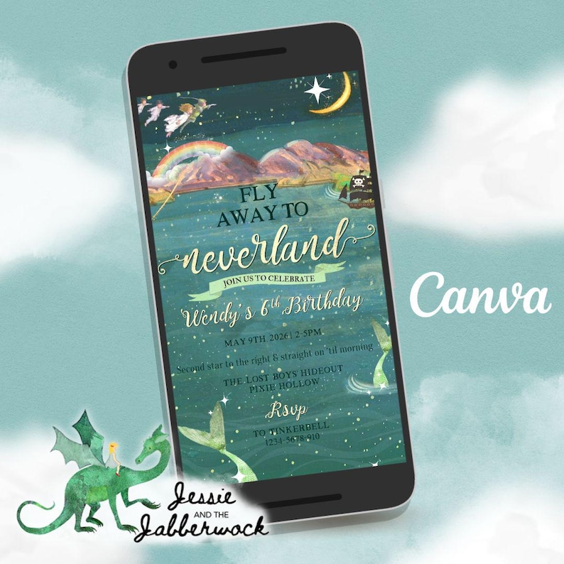 Neverland Birthday Invitation, Peter Pan Party Invite, Editable Canva ...