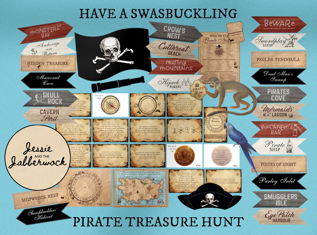 Pirate Treasure Hunt Clue Set, Scavenger Quest, Party Game Printables ...