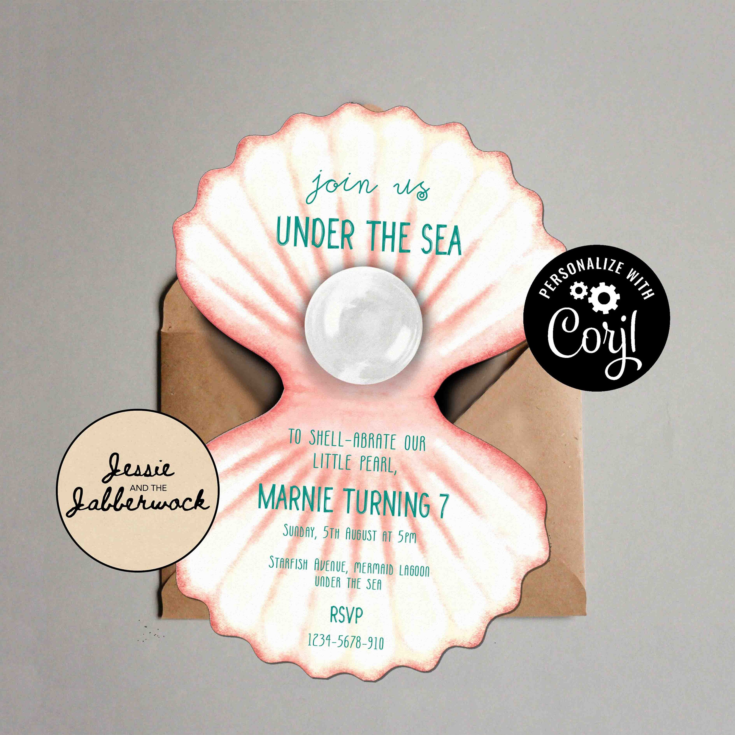 Shell Shaped Birthday Invitation Template, Pearl Mermaid Invite, Under ...