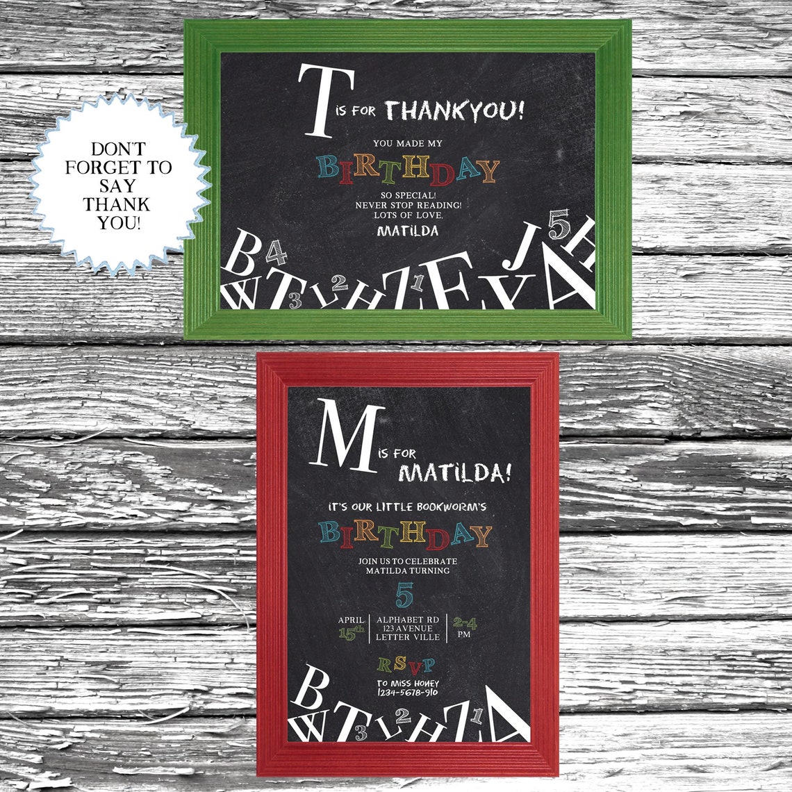 Matilda Party Invite A-Z Alphabet Invitation Chalkboard | Etsy