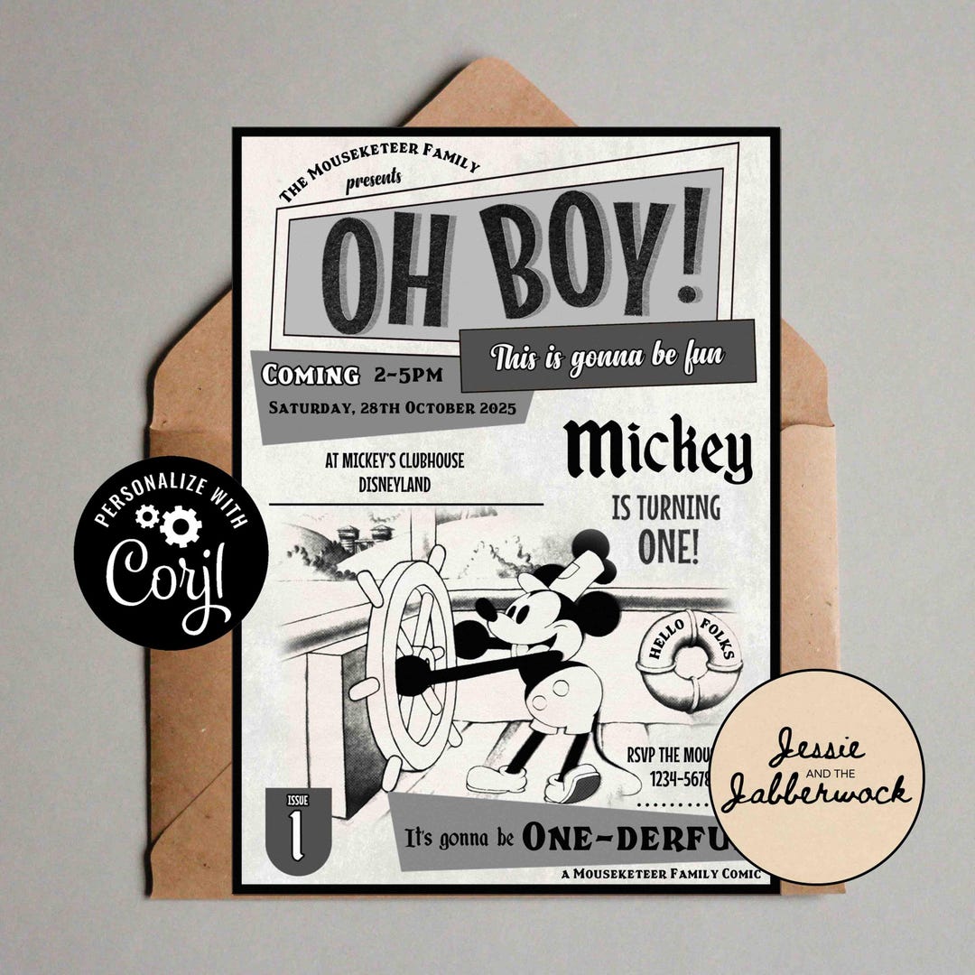 Vintage Mickey Mouse Steamboat Willie 1st Birthday Invite Template ...