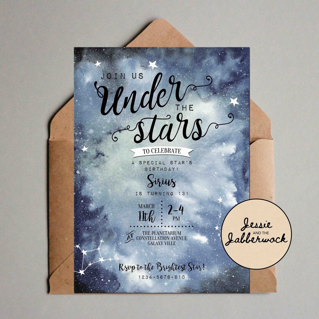Under the Stars Invite, Star Gazer, Night Sky, Galaxy, Space Invitation ...