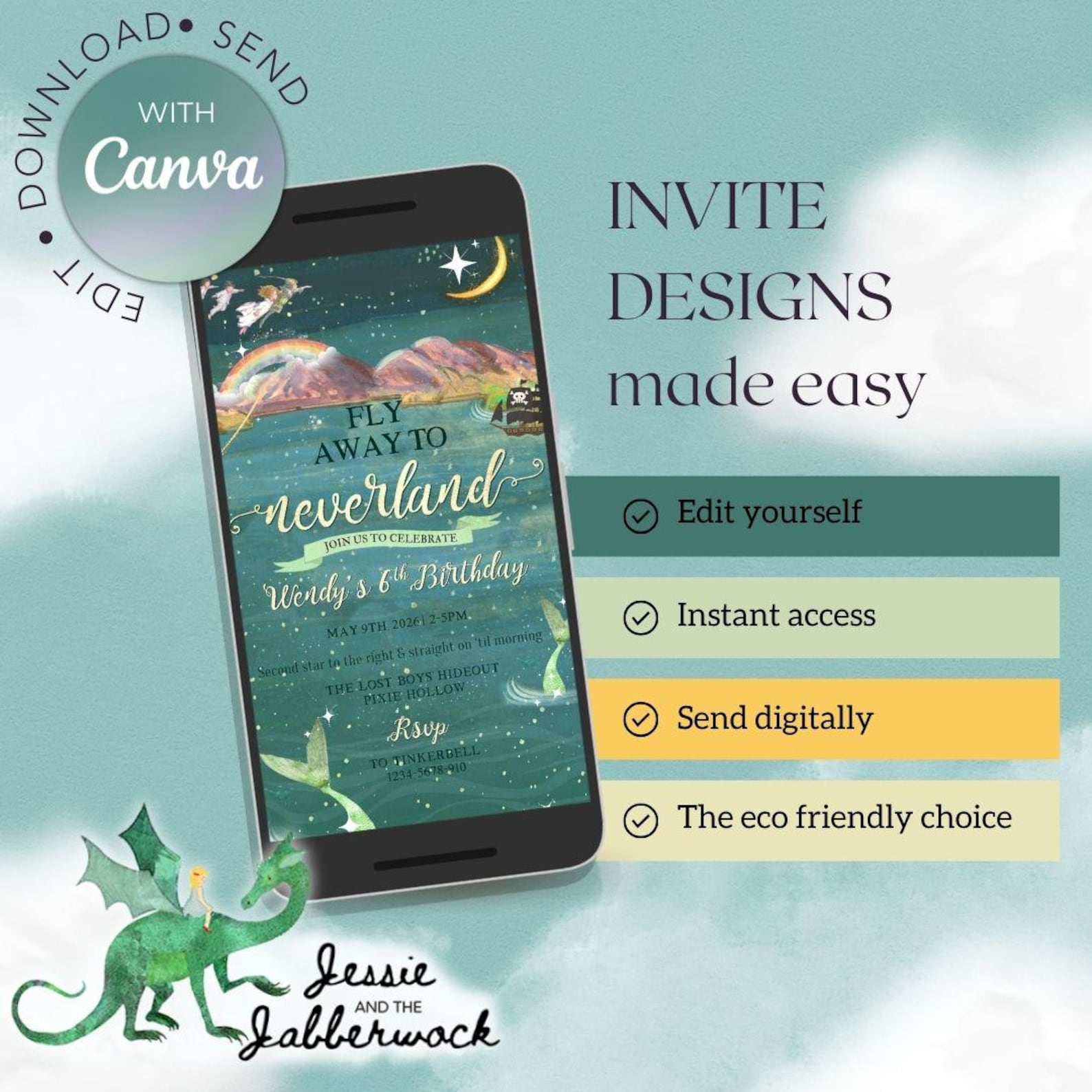 Neverland Birthday Invitation, Peter Pan Party Invite, Editable Canva ...