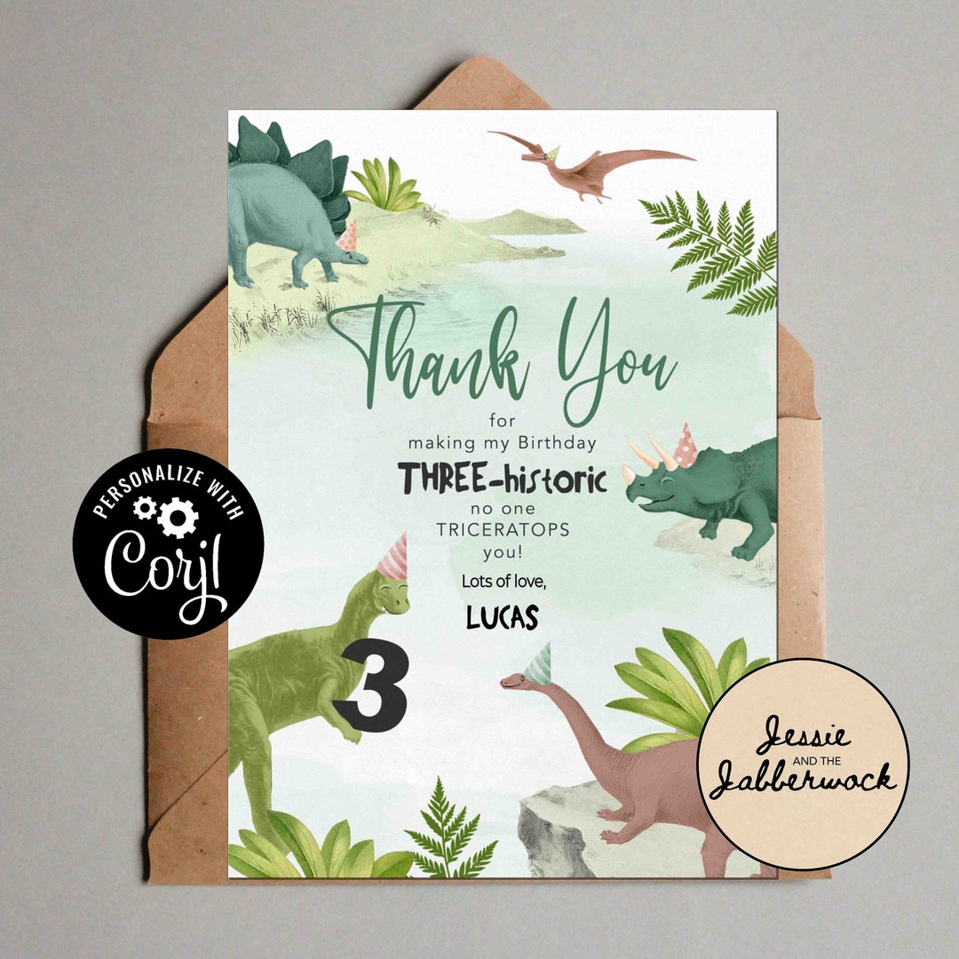3-rex Dinosaur Thank You Note Template | 3rd Birthday Thank You Note ...