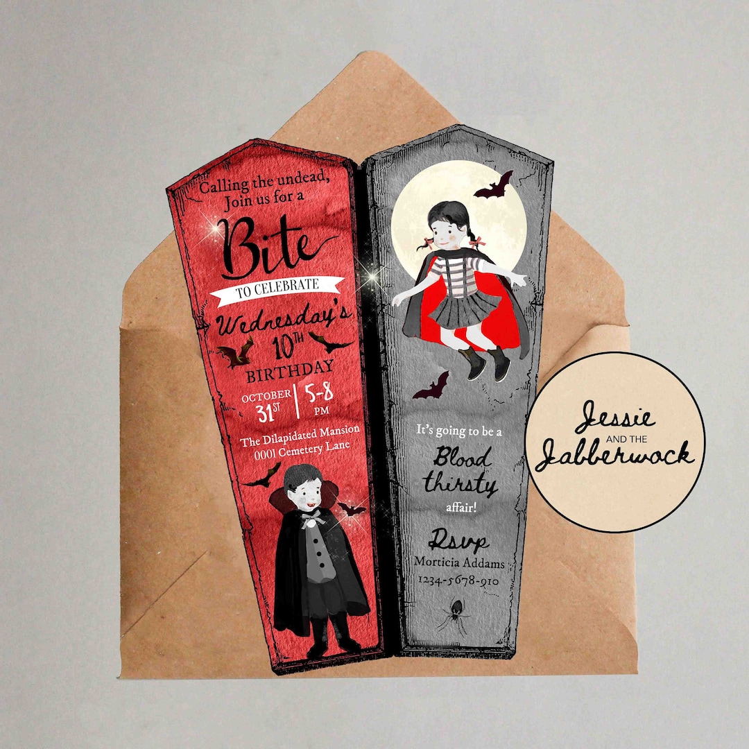 Vampire Coffin Invite, Wednesday Adams Birthday | Halloween Invitation ...