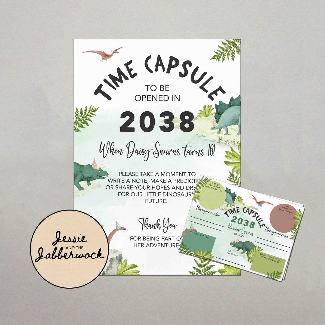 Dinosaur Time Capsule, Birthday Memory Guestbook, Dino Notecards ...