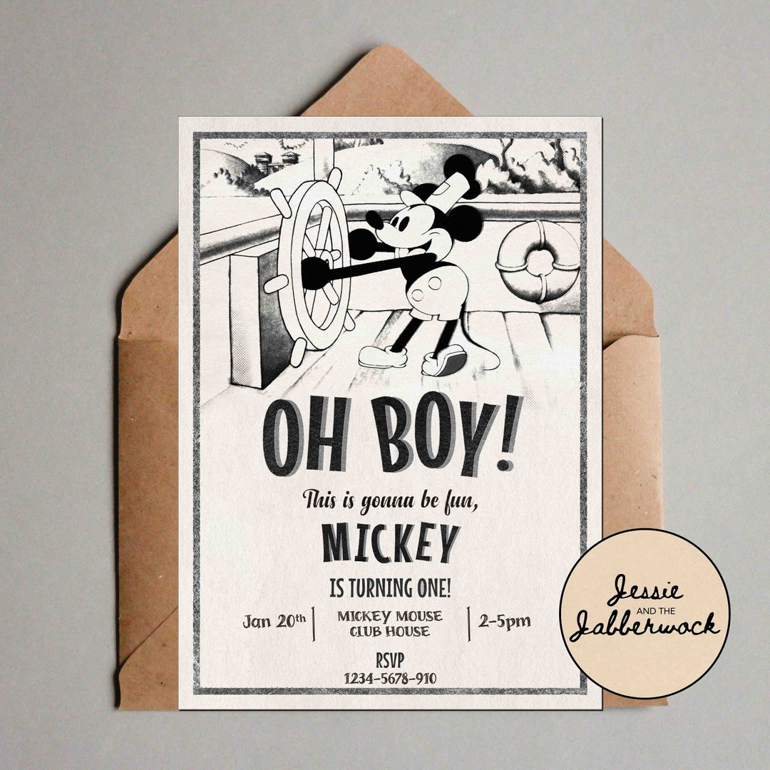 Oh Boy Vintage Mickey Mouse Birthday Invite, Retro Party Invitation 1st ...