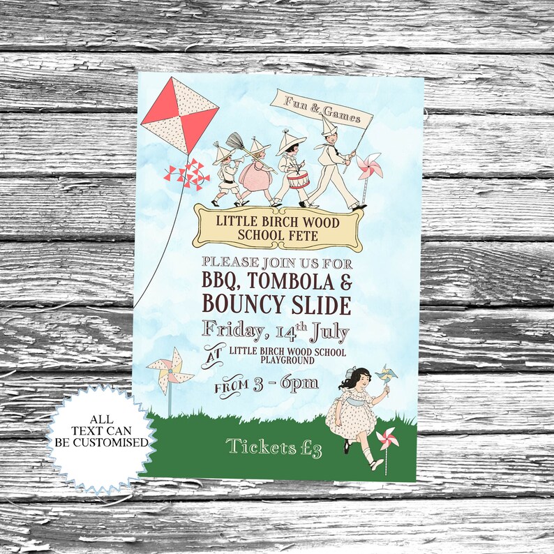 Vintage children Pinwheel Invitation school fete flyer Kite | Etsy