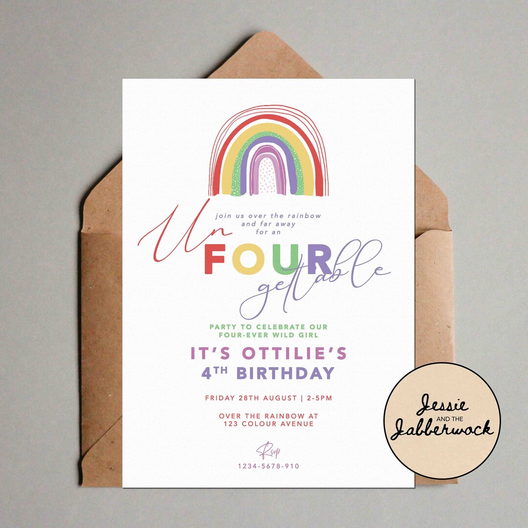 Rainbow 4th Birthday Invite | Un-four-gettable Party | Colourful ...