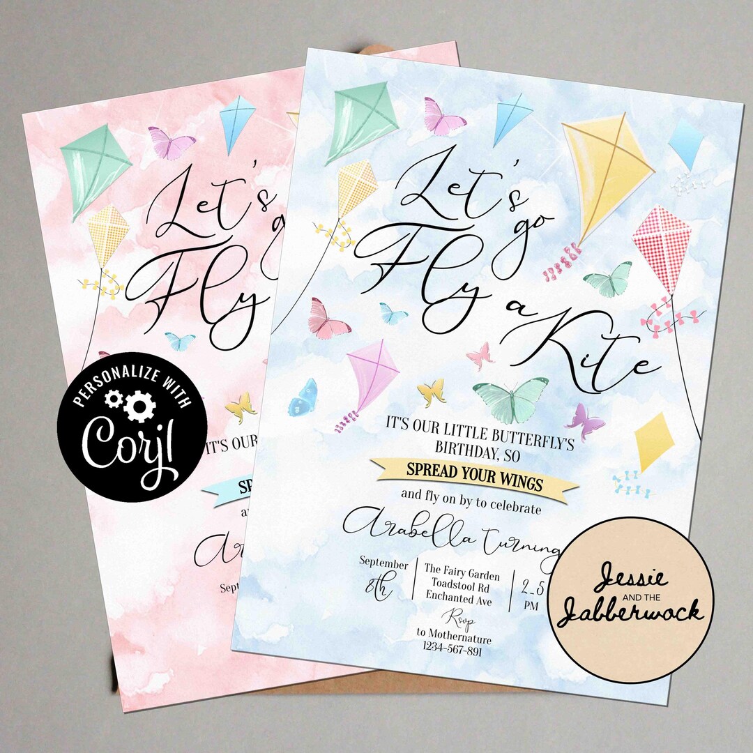 Let's Go Fly a Kite Invitation | Butterfly Birthday Invite | Picnic ...