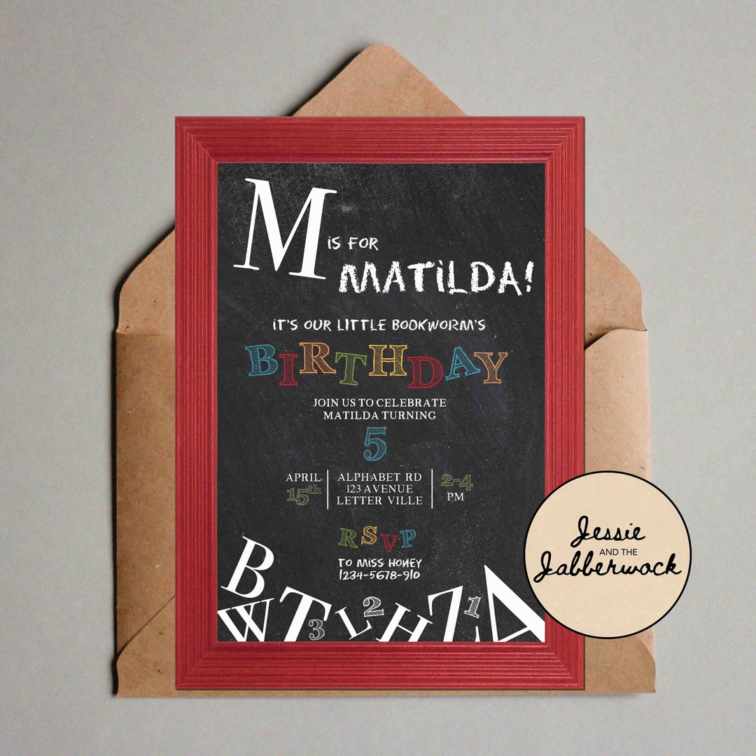 Matilda Party Invite, A-Z Alphabet Invitation, Chalkboard, Write Your ...