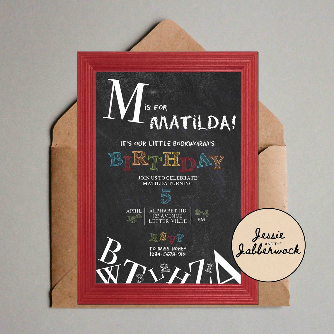 Matilda Party Invite A-Z Alphabet Invitation Chalkboard | Etsy UK