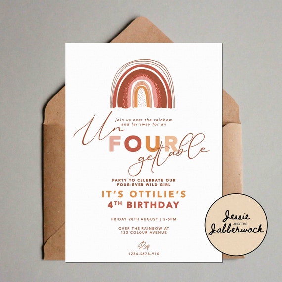 Boho Rainbow 4th Birthday Invite Un-four-gettable Party | Etsy