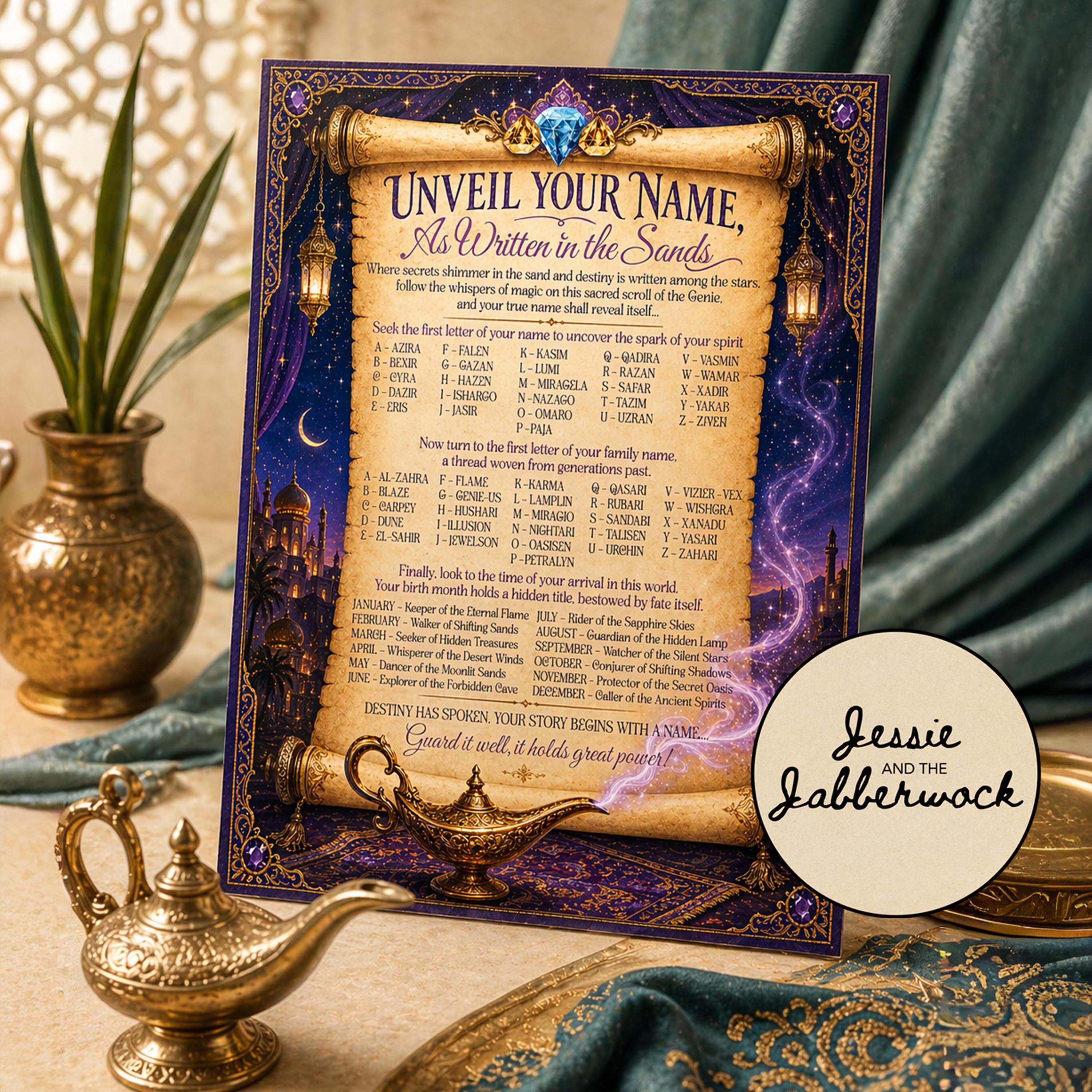 Genie Name Game Printable, Aladdin Party Activity, Arabian Nights Name ...