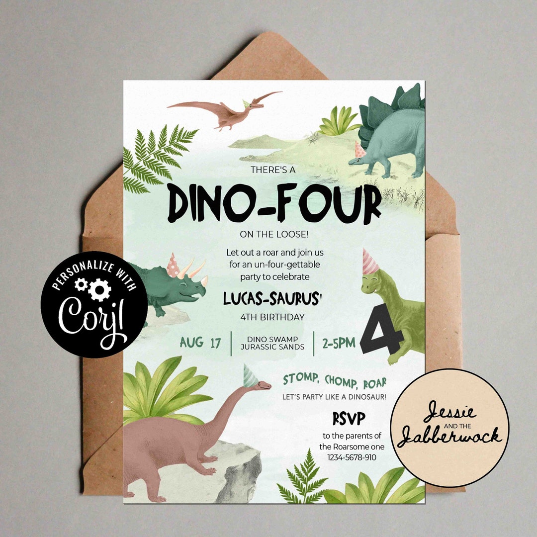 Dino-four 4th Birthday Dinosaur Invite, Fourth Dinos Party Invitation ...