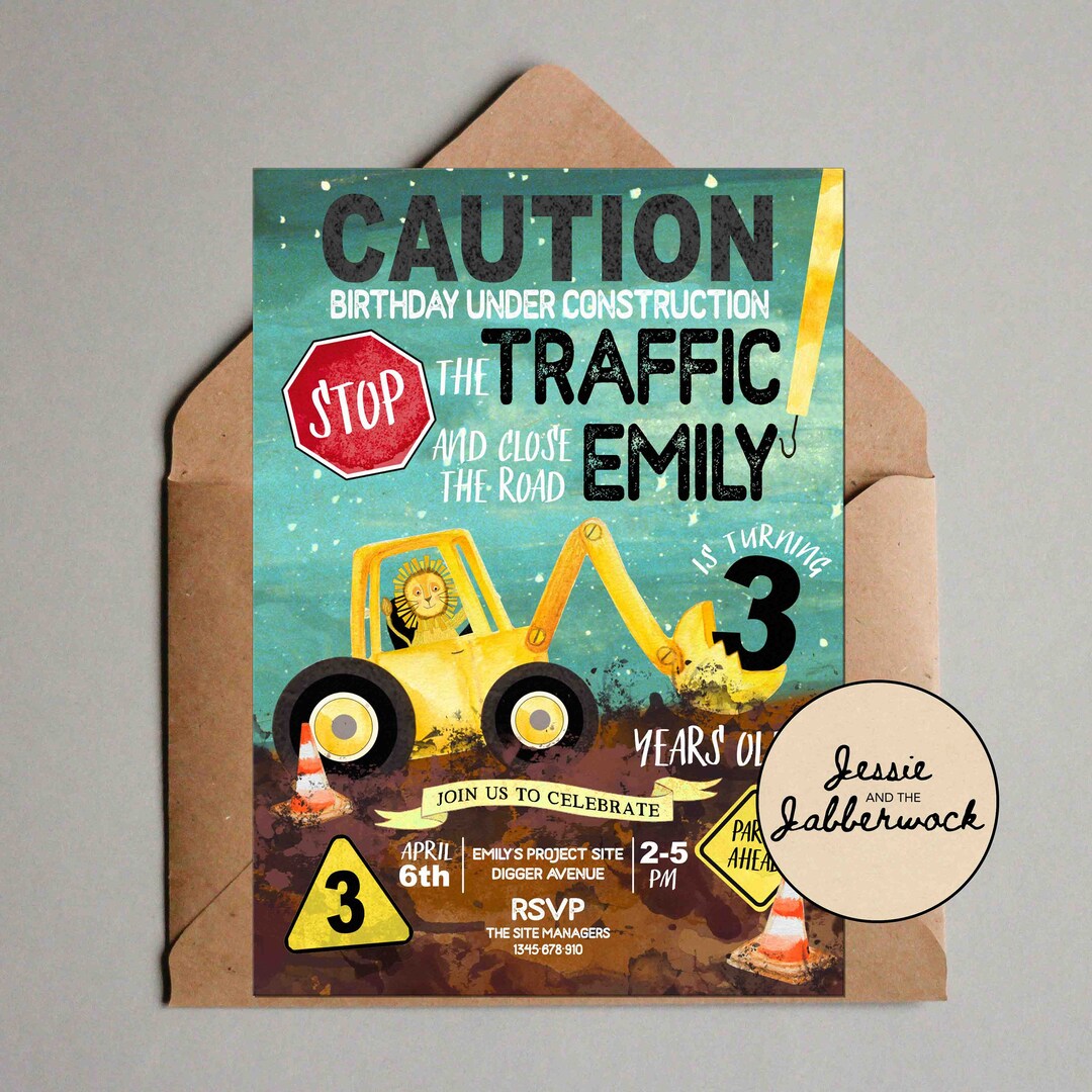 Construction Invite, Digger Invitation, Road Works Party | Caution ...
