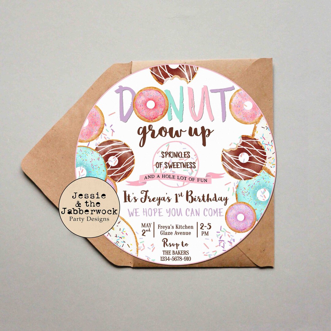 Donut Grow up Birthday Invitation, Circular Doughnut Invite, ALL Text ...