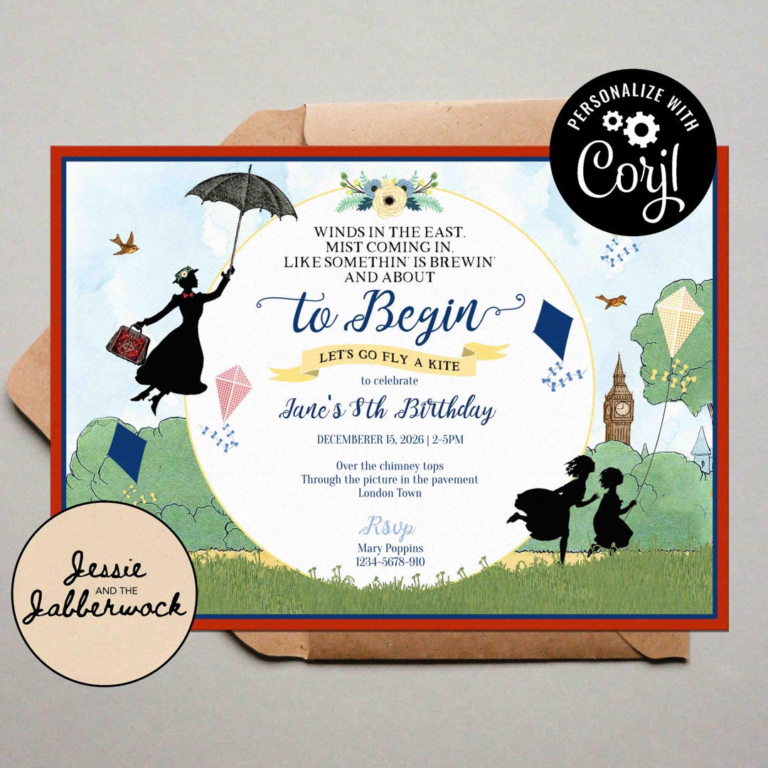 Mary Poppins Invite Template | Let's Go Fly a Kite Invitation | A ...