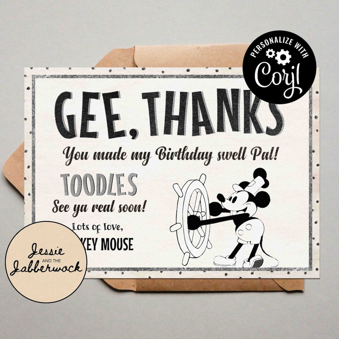 Vintage Mickey Mouse Thank You Note Template Retro Party Thankyou ...