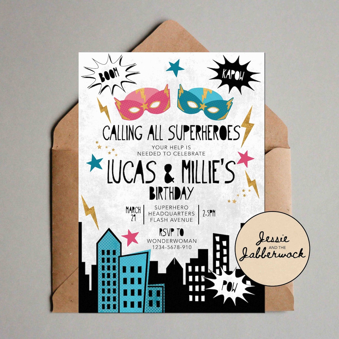 Superheroes Invitation | Pink and Blue Super Hero Invite | Incredibles ...