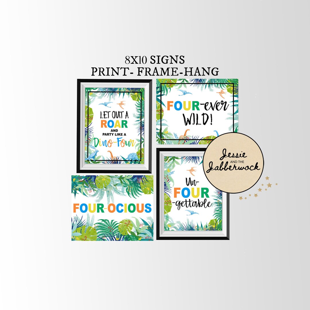 Dinofour Birthday Signs | Printable, Instant Download | Dinosaur 4th ...