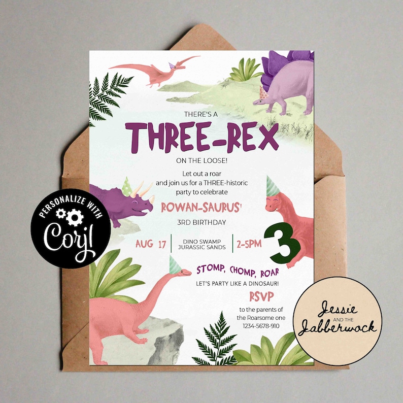 3-REX RAWWR 3rd Birthday Invite, Three-historic Dinosaur Party ...