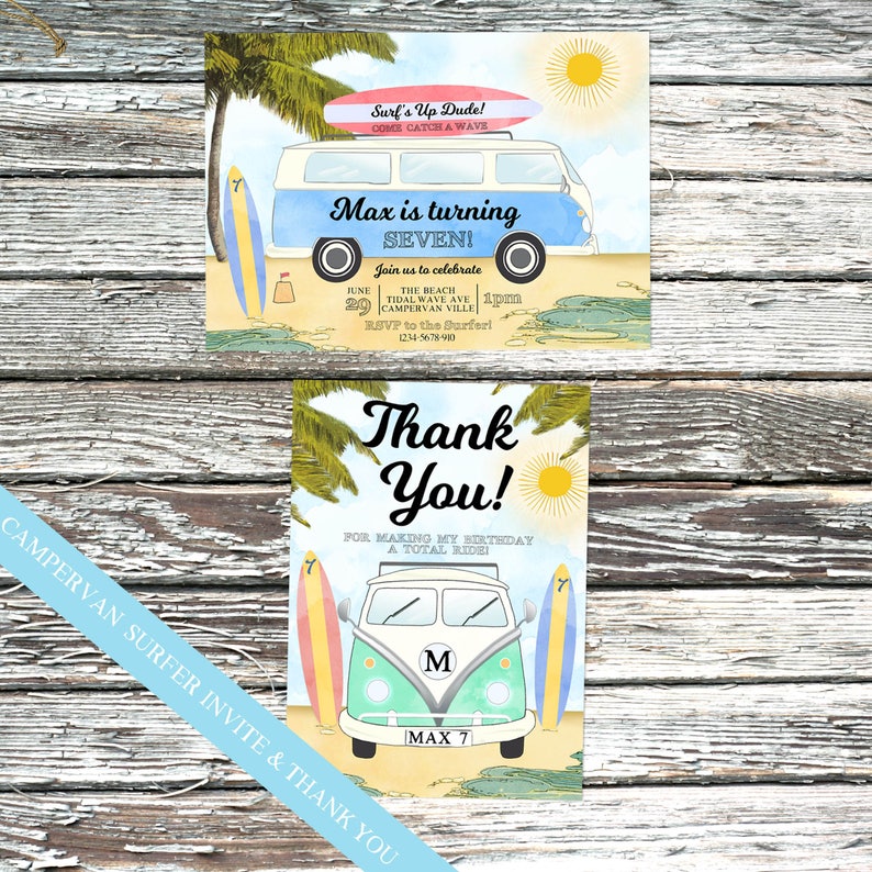 Campervan Invitation Surfs Up Beach party invite | Etsy