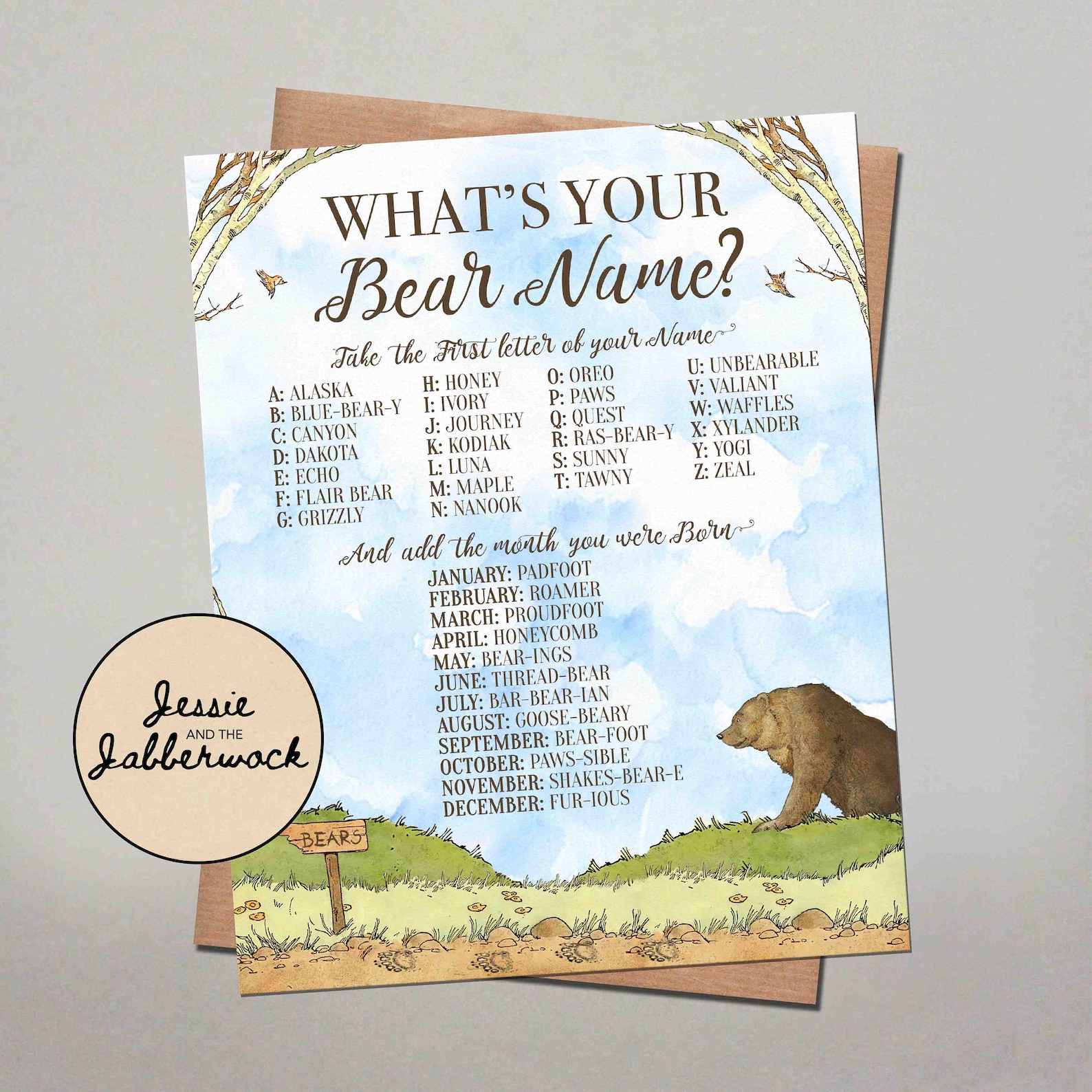What's Your Bear Name? Printable, Instant Download Party Game, Bear ...