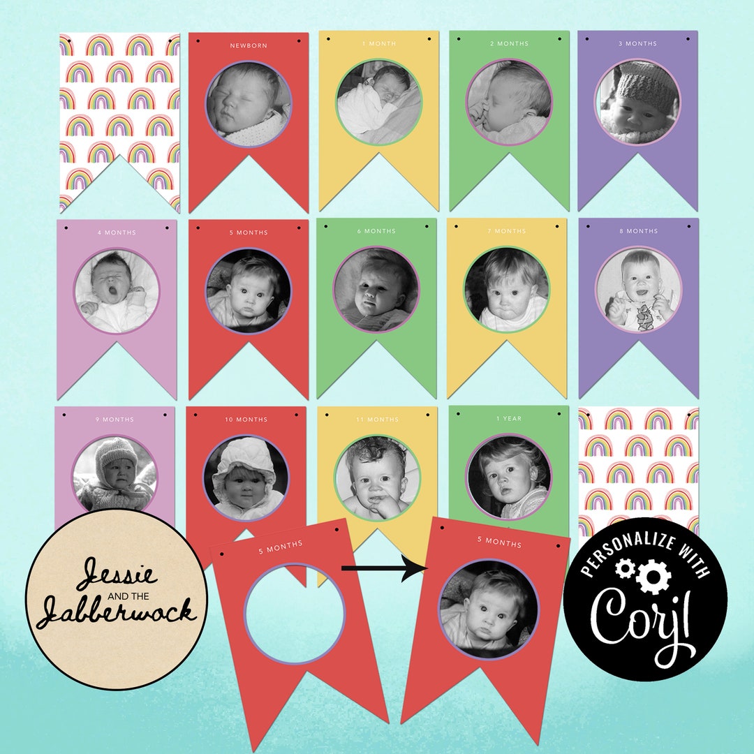 First Year Photo Flag Banner Template | Rainbow Baby Party | 1st ...