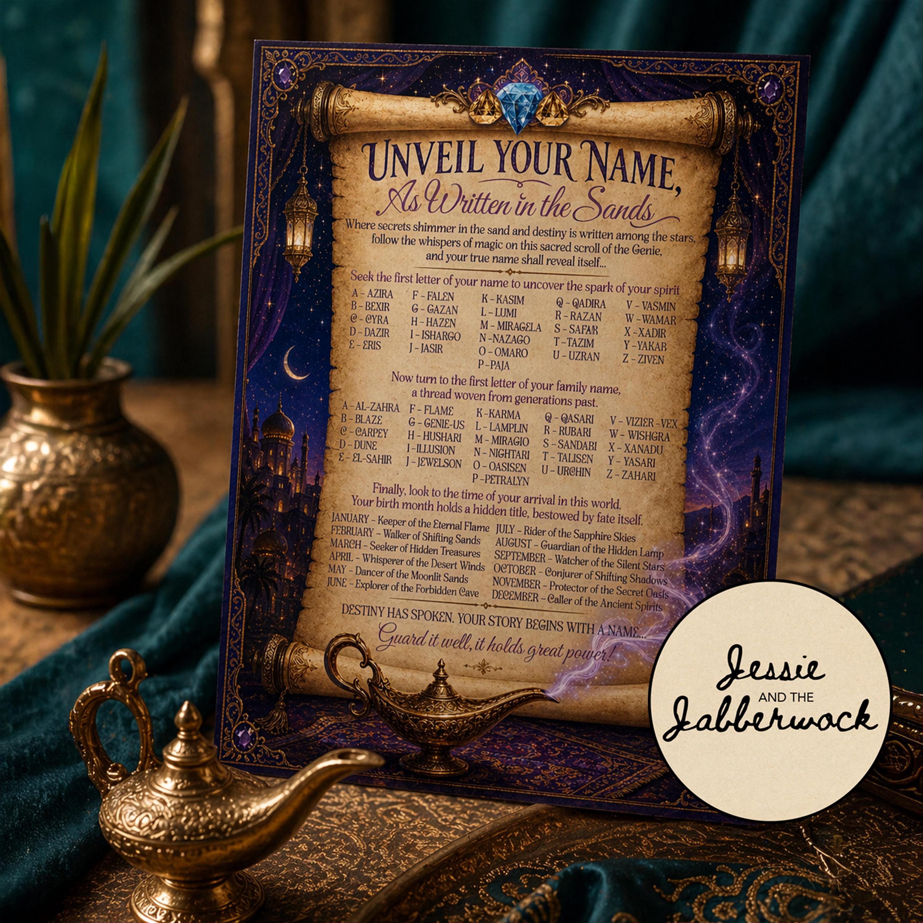Genie Name Game Printable, Aladdin Party Activity, Arabian Nights Name ...