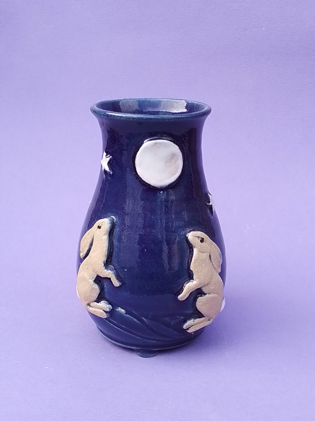 Midnight Blue Vase With 2 Moongazing Hares Approx 22cm High, Handthrown ...